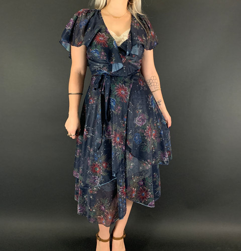 70s Ingenue of California Navy Blue Floral Wrap Dress | wildfirevintage