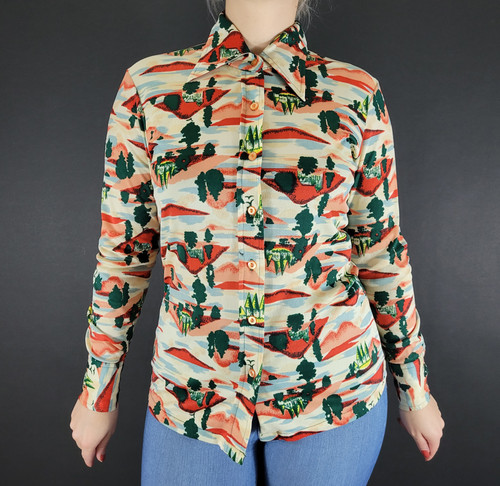 70s Russ Togs Novelty Print Dagger Collar Button Down Shirt ...