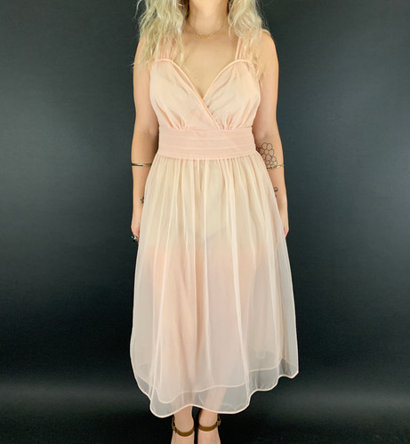 50s Seamprufe Pink Sheer Chiffon Nightgown Wildfirevintage