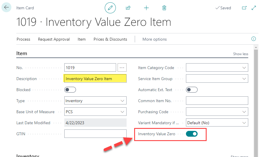 Inventory Value Zero Field On Item Card Purpose