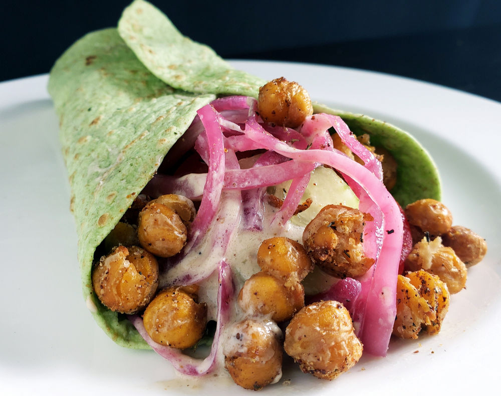 ZA'ATAR CHICKPEA WRAPS with Pickled Onions & Tahini Garlic Sauce