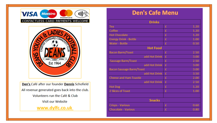 Cafe Menu | Deans Youth & Ladies