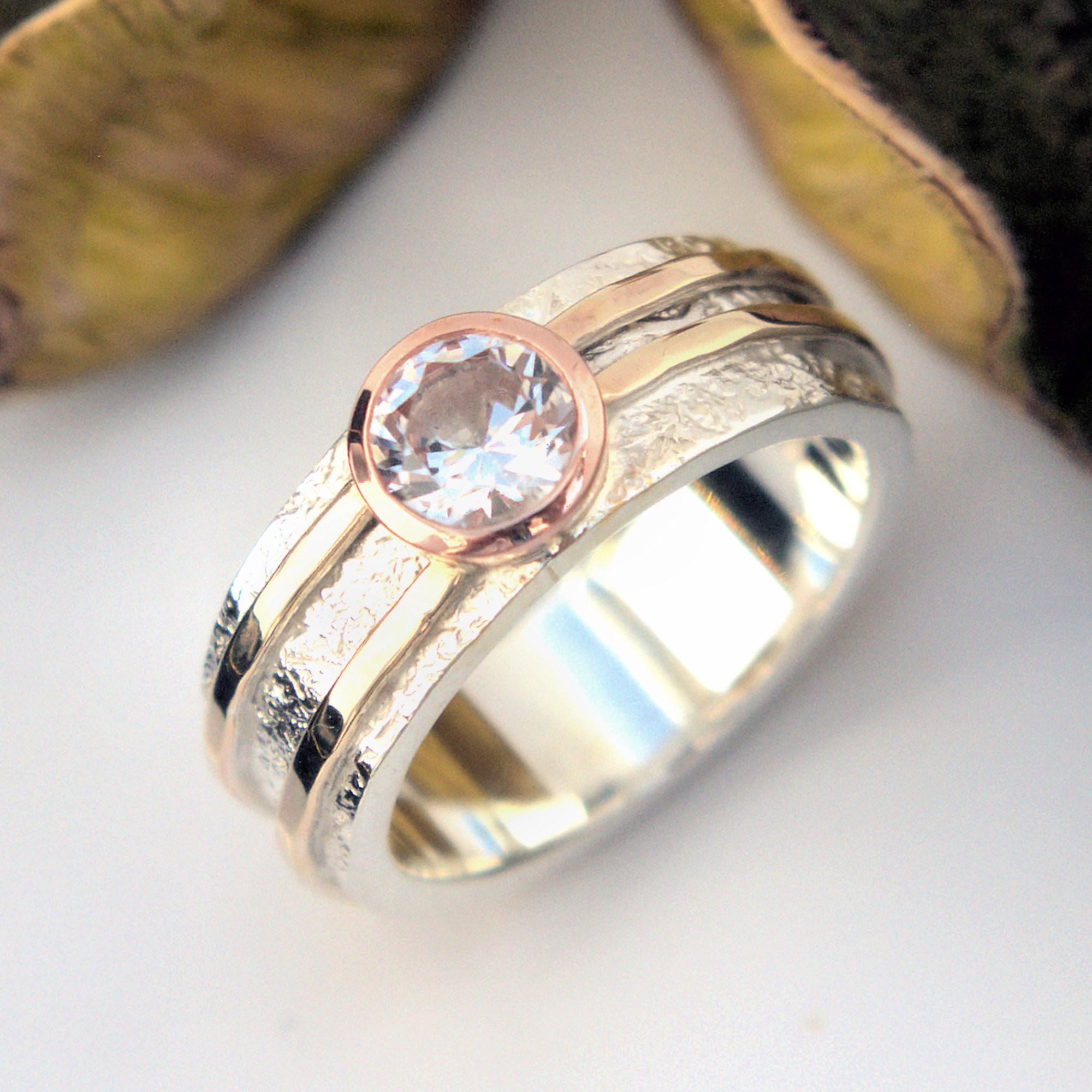 White Topaz silver and coloured gold ring