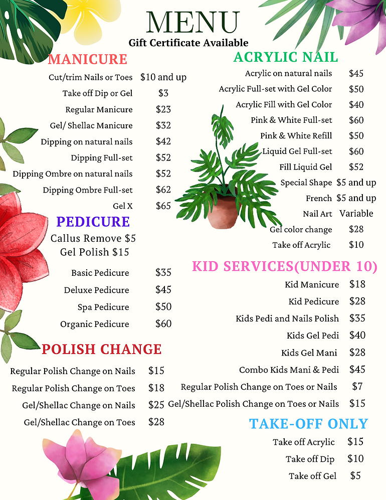 Menu | Mia Nails Spa