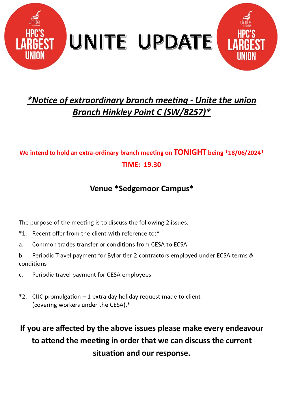 Extraordinary Branch Meeting TONIGHT @19:30 Sedgemoor Campus