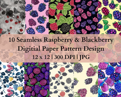 10 Seamless Raspberry & Blackbery Digital Transfer Paper Pattern Design ...