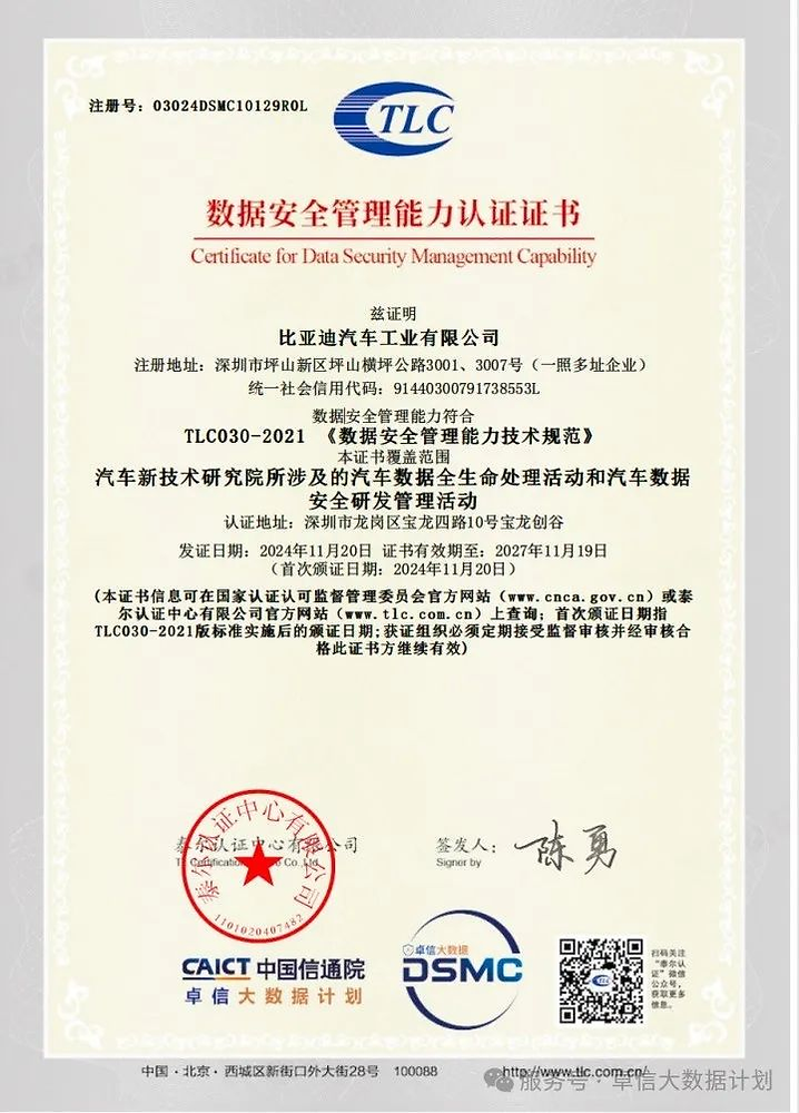比亚的等获得数据安全管理能力认证(DSMC)证书