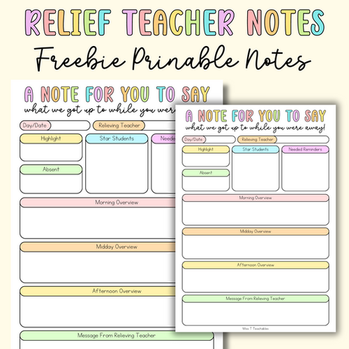 *FREEBIE* Relief Teacher Notes | Miss T Teachables
