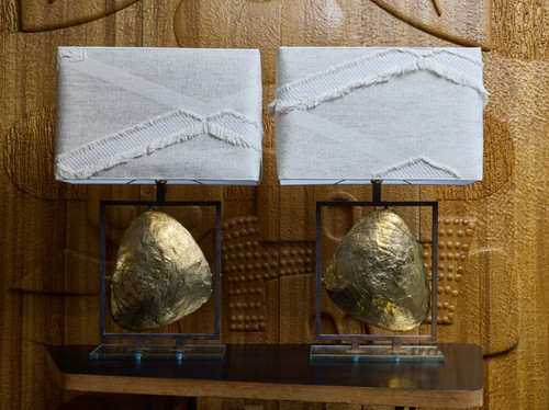 Pair of Brass Shield Table lamps with Glass Feet | Glustin Luminaires