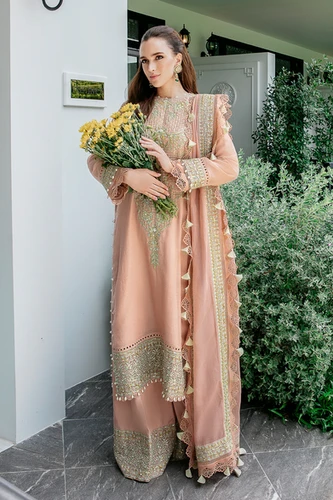 Saad Shaikh Peach Cotton Net Embroidered Palazzo Outfit | Dot&Lo