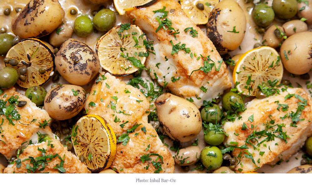 Greek style cod tray bake