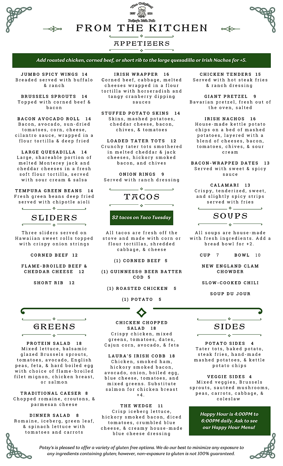 Lunch & Dinner Menu | Patsy's Irish Pub