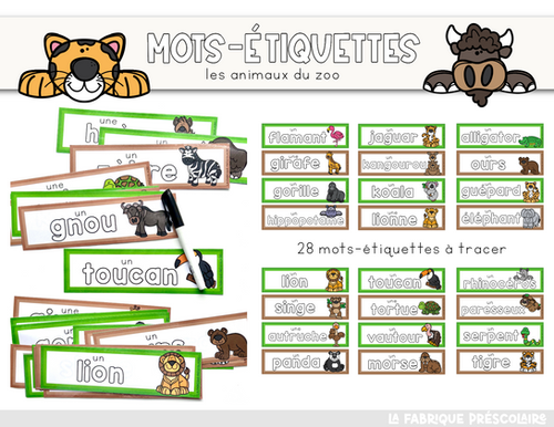 Mots-étiquettes à tracer les animaux du zoo | La Fabrique Préscolaire