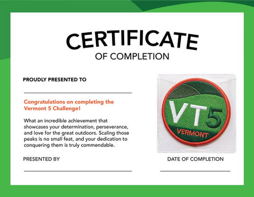 Certificate of Completion with VT5 Patch | Vermont 5 Challenge