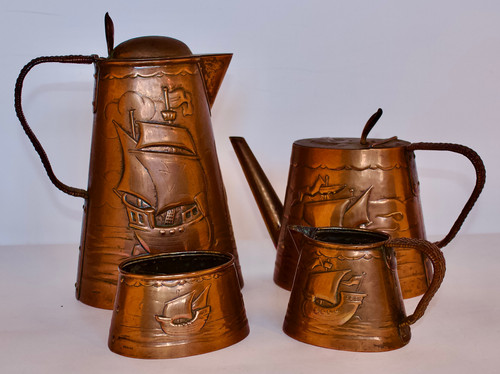 Rare Newlyn Arts and Crafts copper four piece tea service | The Two Arthurs