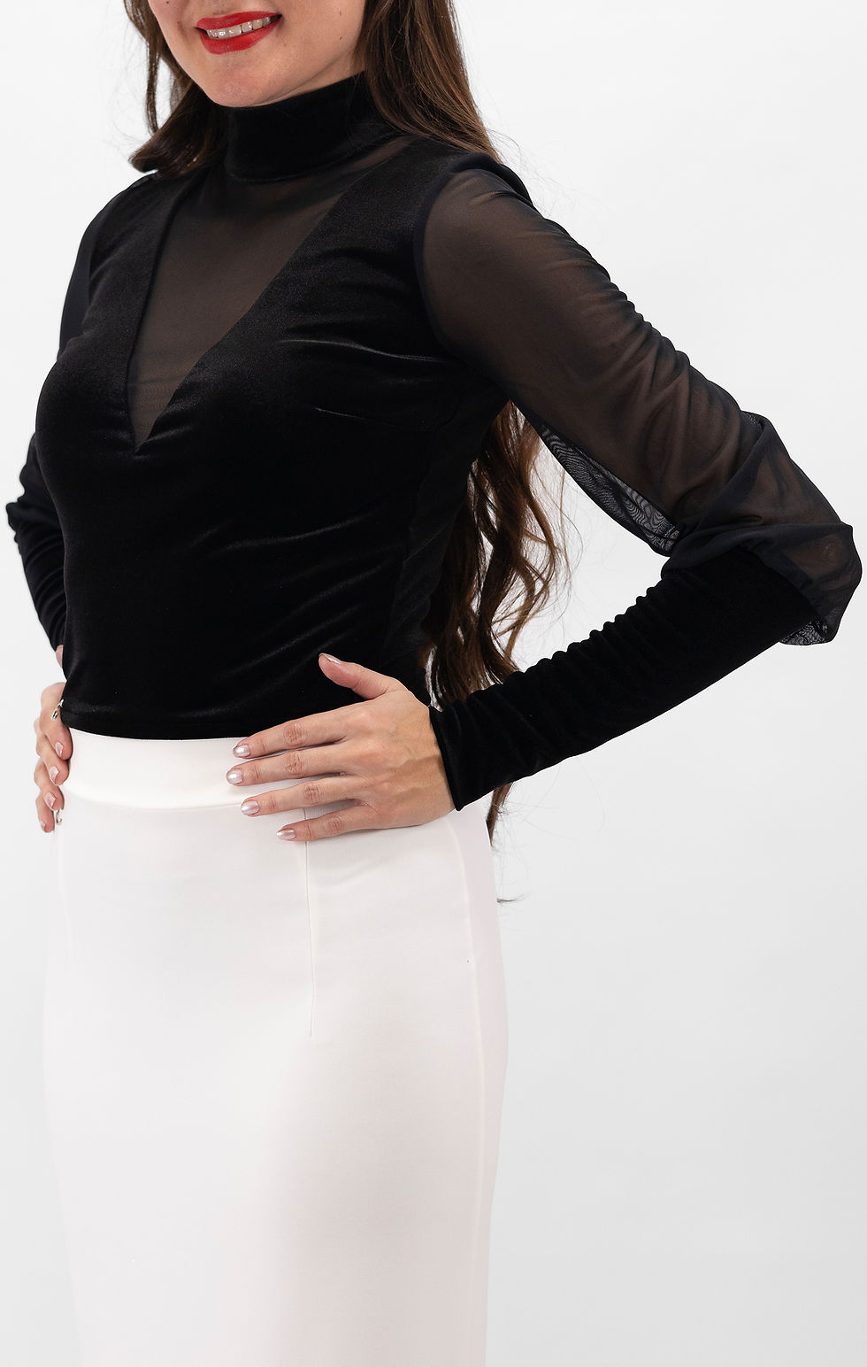 Marylin- Black Velvet Tango Top with Mesh Arms | Chique Dancewear