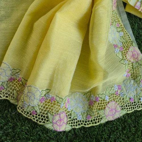 Cutwork Saree -Yellow Color Party Wear | Fabroses