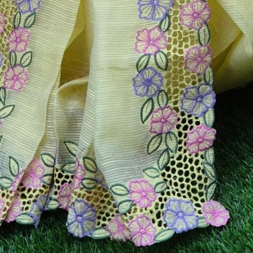 Cutwork Embroidery Sarees in Yellow Color Kota | Fabroses