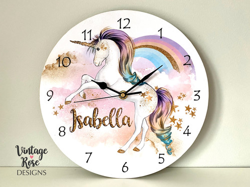 Unicorn Clock, Personalised Kids Clock | vintagerosedesigns