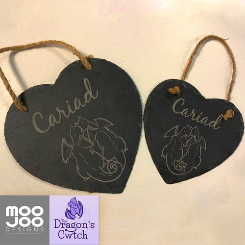 'Cariad' Two Dragons Design on Slate Heart | MooJoo Designs