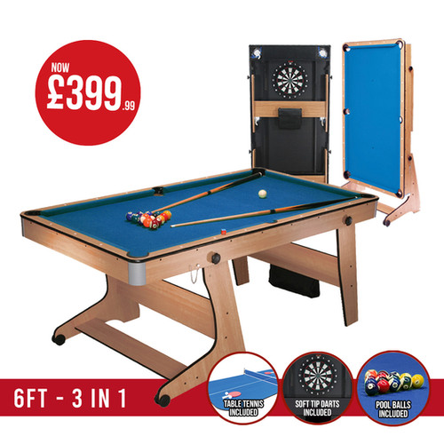 BCE 6Ft 3in1 Vertical Folding Pool Table with Darts and Table Tennis ...