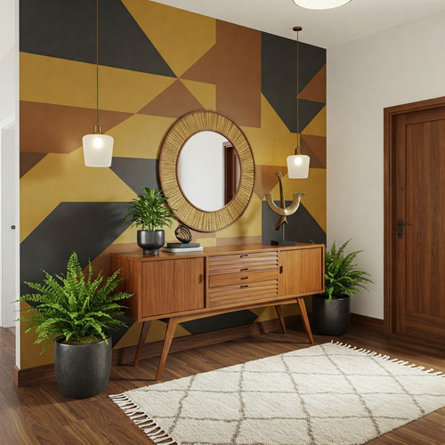 Mid-Century Modern Foyer Design with Wooden Console and Accent Wall ...