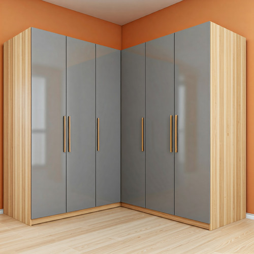 Modern L-Shaped Wardrobe with Grey and Wood Finish, 6-Door Swing Design ...