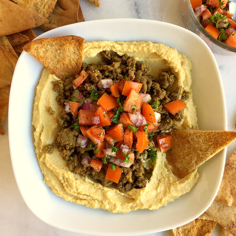 Spiced Beef with Roasted Garlic Hummus