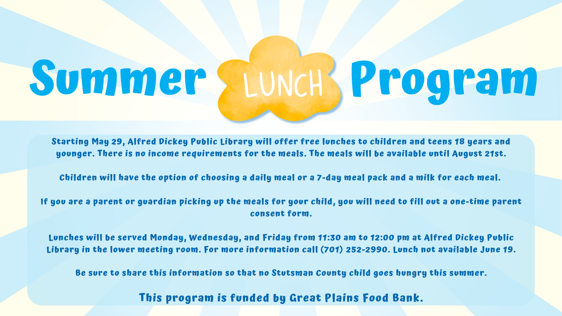 Summer Lunch Program-Provided by Great Plains Food Bank | JRVLS