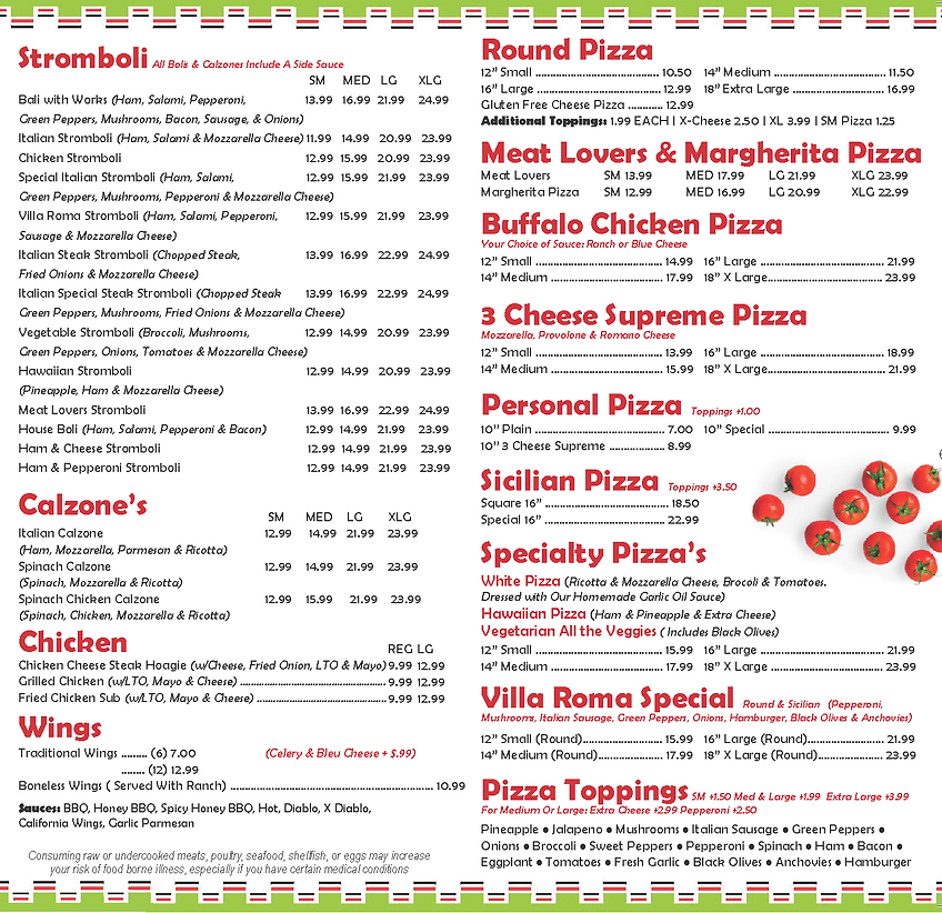 Menu | Villa Roma