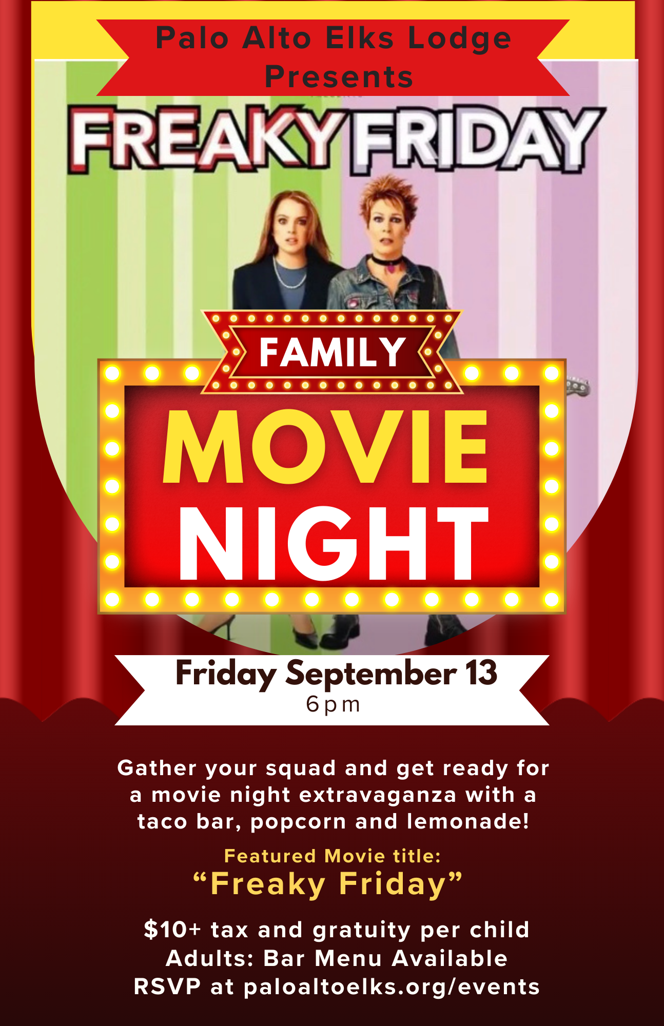 Family Movie Night & Taco Bar Dinner (September 13) | Palo Alto Elks Lodge
