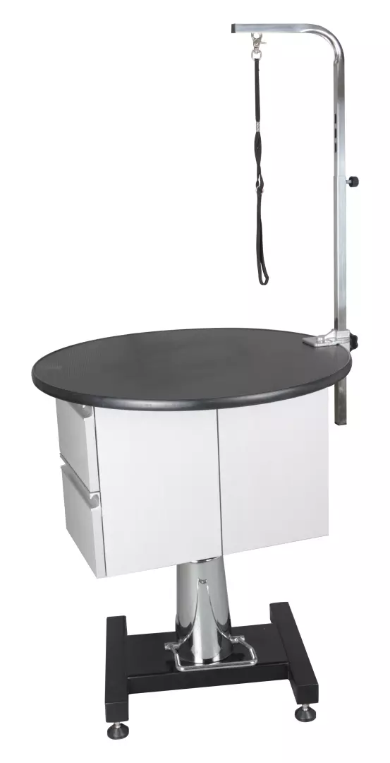 Round Rotational Hydraulic Grooming Table with Cabinet | K9Reproduction
