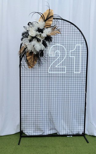 Black Mesh Arch With Arrangements and Neon Sign | Wow Weddings Hire