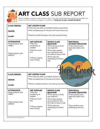 Art Class Room Substitute Teacher Sub Plan Lesson Assessment Chart Form ...