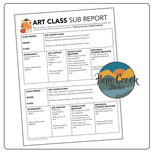 Art Class Room Substitute Teacher Sub Plan Lesson Assessment Chart Form ...
