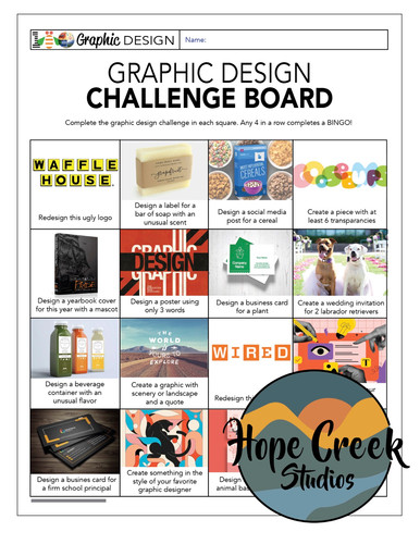 Art Graphic Design Challenge Prompt Board Choice BINGO Worksheet Chart ...