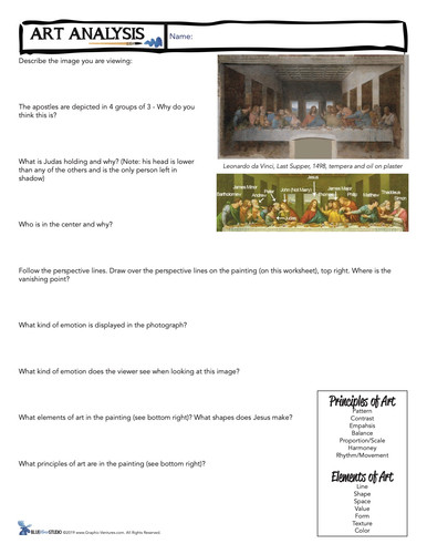 Art Analysis Critique Worksheet - Leonardo Da Vinci "The Last Supper ...
