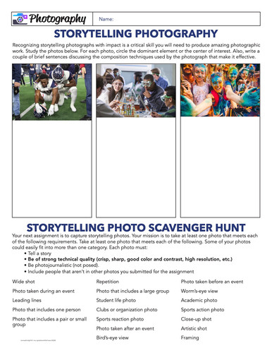 Photography & Yearbook — Storytelling Photo Journalism Worksheet ...