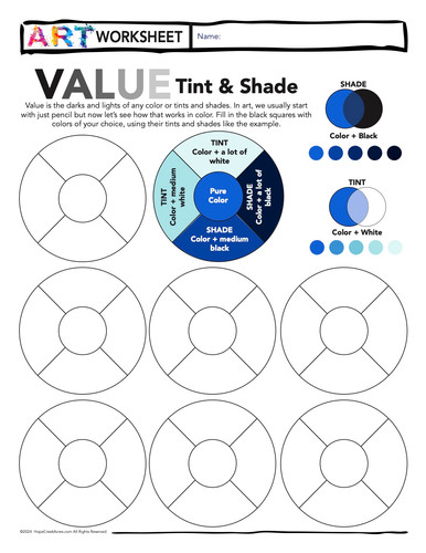 Elements & Principles of Art Color Drawing VALUE Tint & Shade Worksheet ...