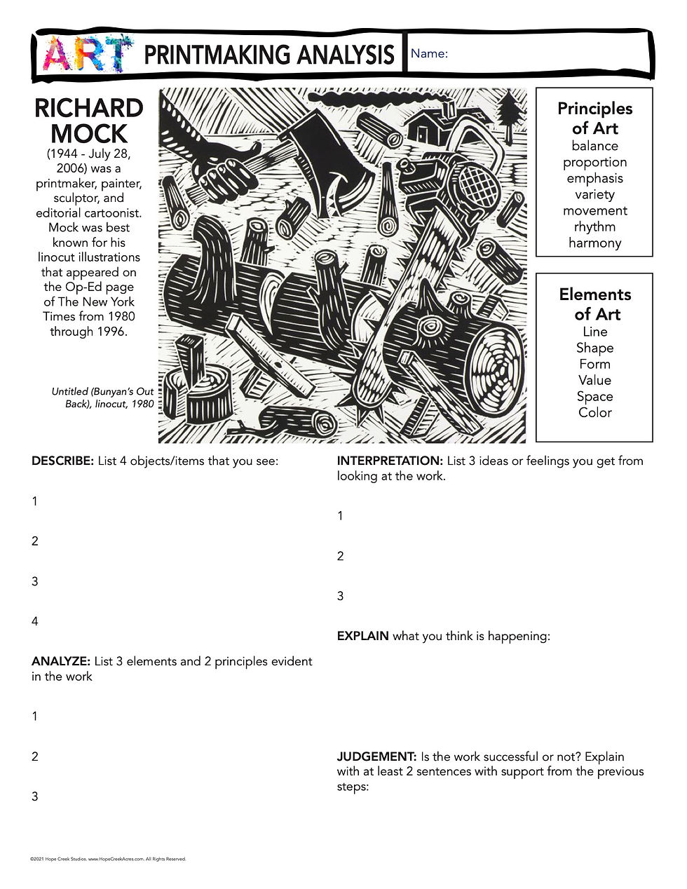 Art History: Richard Mock Printmaking Analysis Worksheet Principles ...
