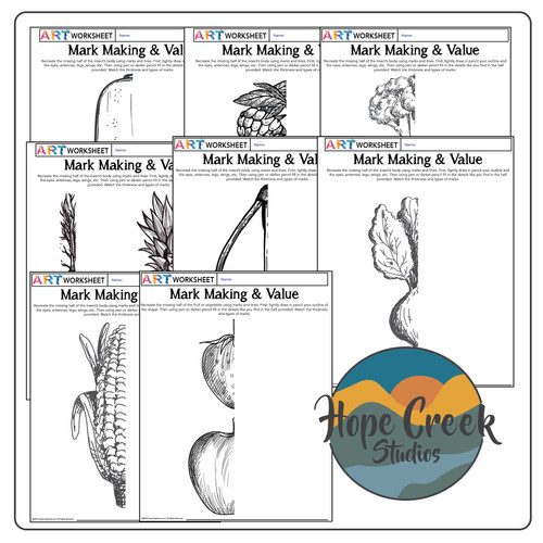 Art Mark Making Pen & Ink Pencil Drawing Value Fruit Veggies Worksheet ...