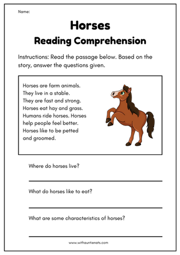 The Horse Reading and Comprehension Worksheet | with Auntie Nats