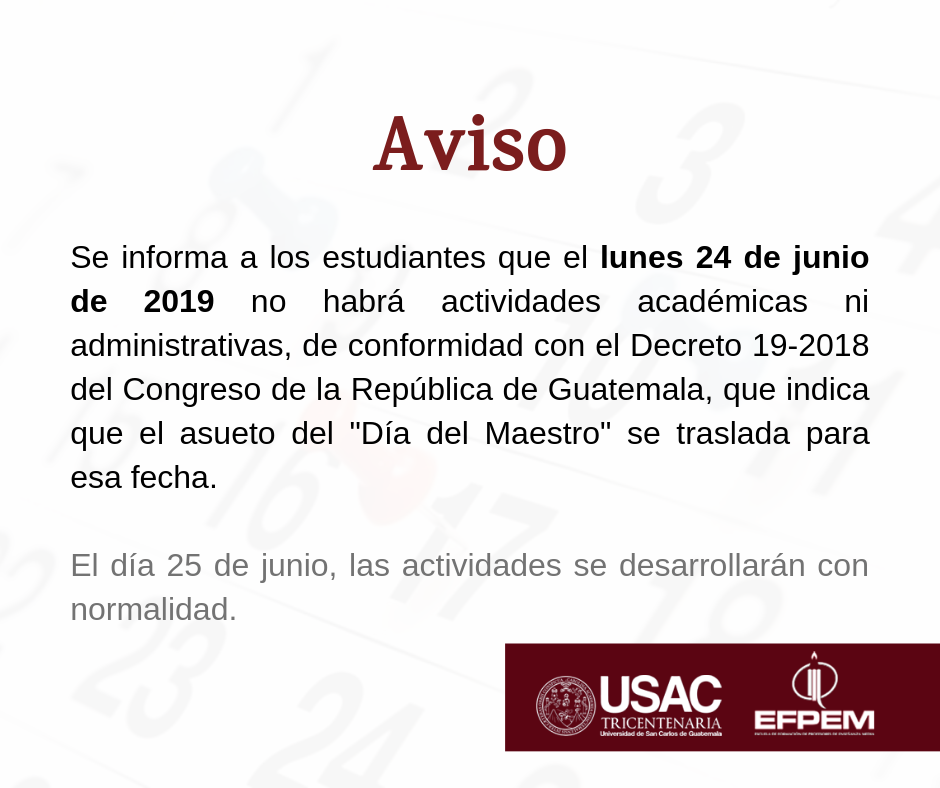 Aviso asueto lunes 24 junio 2019