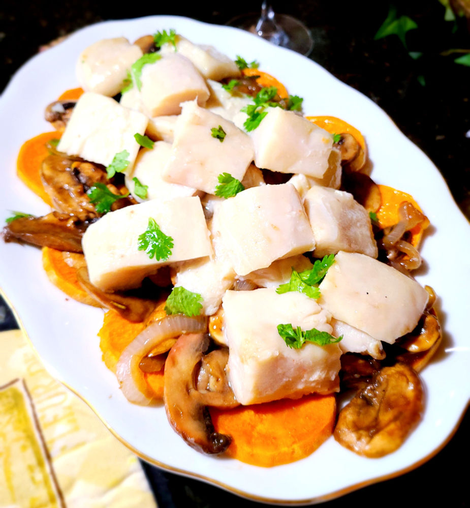 Poached White Fish Over Sweet Potatoes, Mushrooms, & Onions (Gluten ...