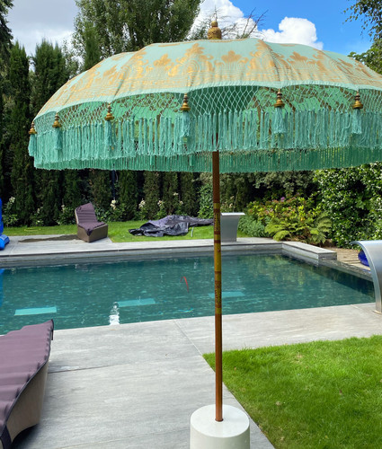Mint green and gold fringed garden parasol | The Little Top Ltd