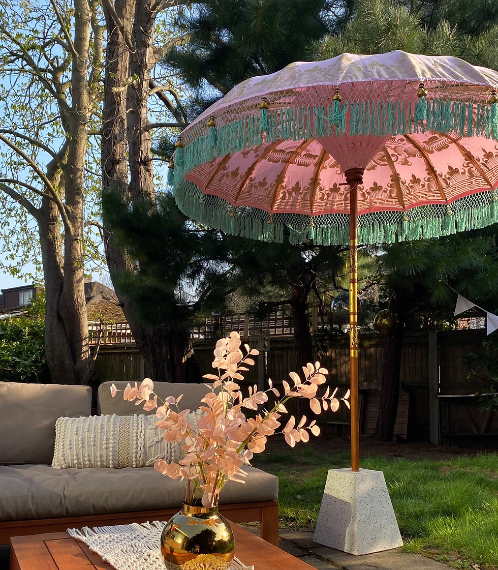Pink and green fringed garden parasol | The Little Top Ltd