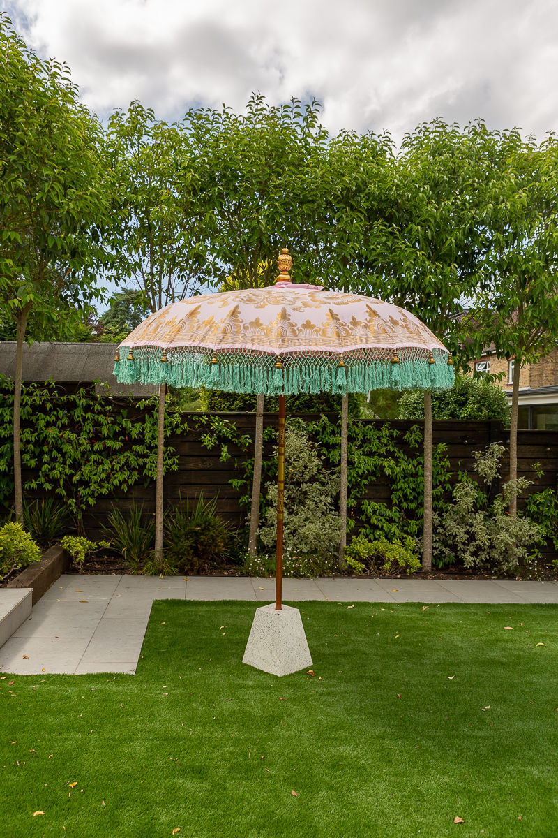 Pink and green fringed garden parasol | The Little Top Ltd