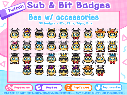 34 Bee Sub and Bit Badges Pack for Twitch, Kick, and Discord | Puptea