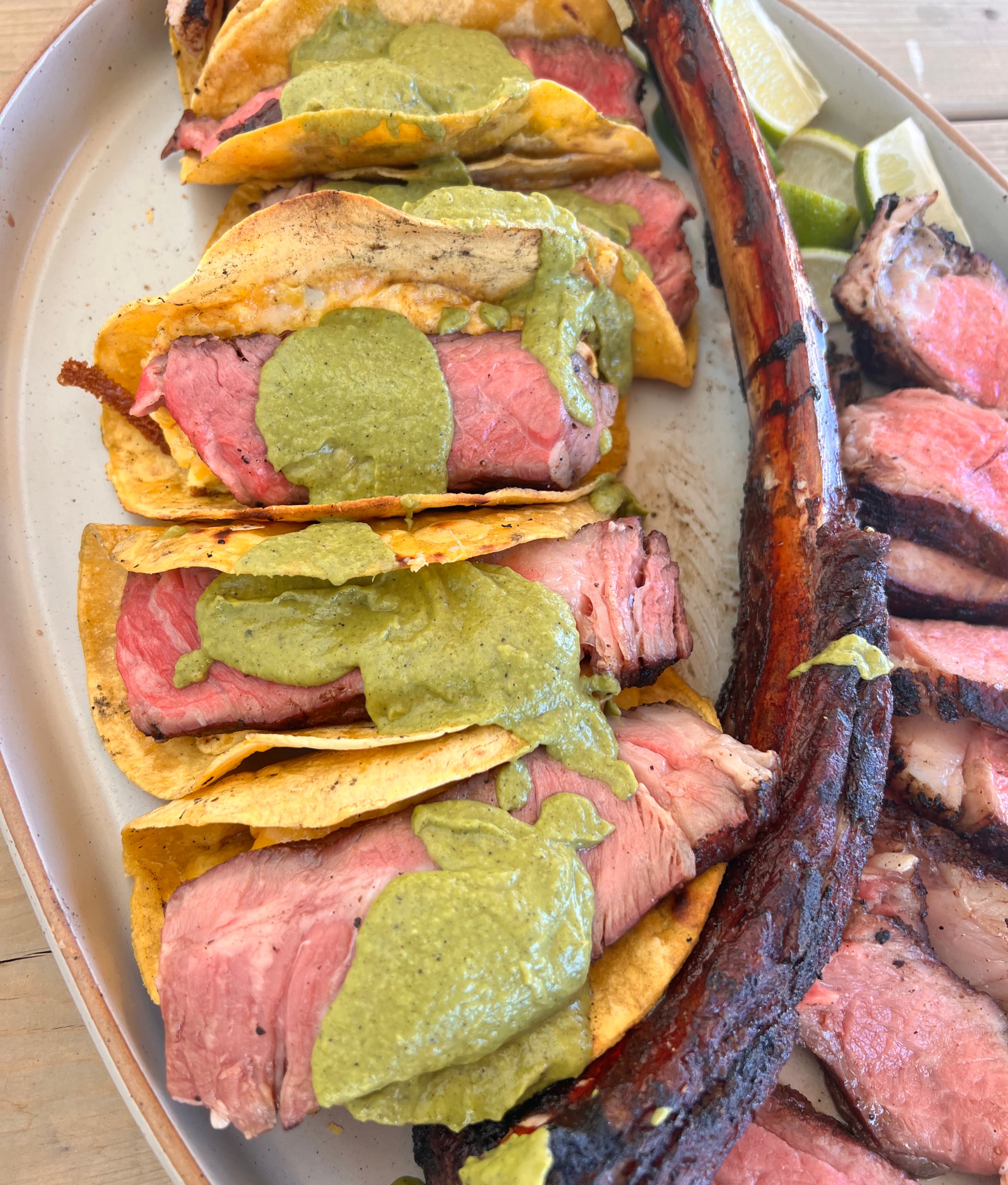 Tomahawk Steak and Cheesy Egg Tacos