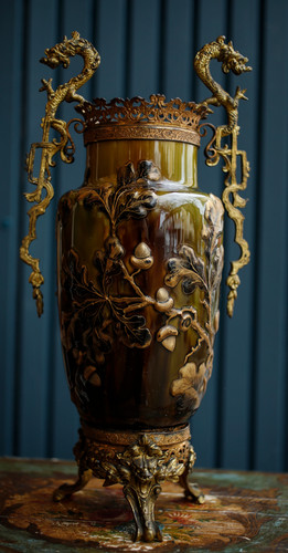 Vintage Green Ceramic Vase with Metal Handles | MontclairAntiques